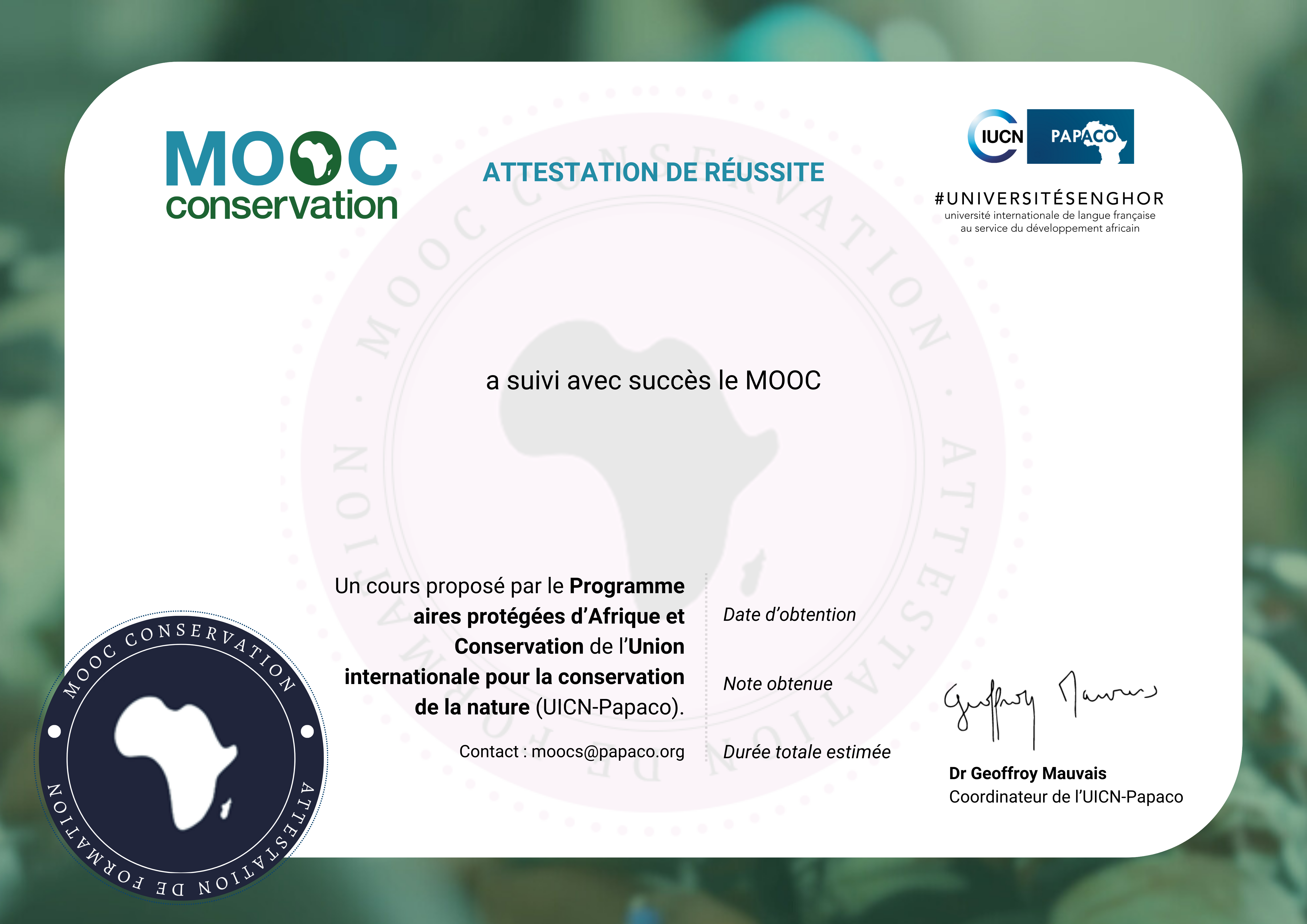 Acknowledgement of participation MOOC Conservation